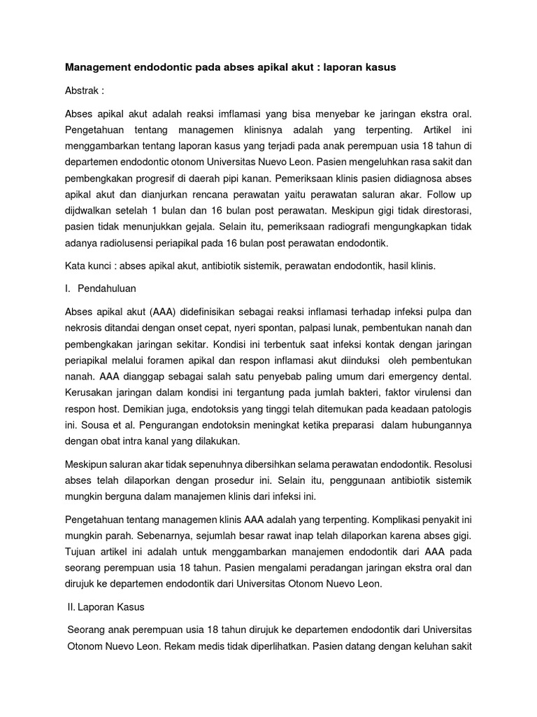 Management Endodontic Pada Abses Apikal Akut | PDF