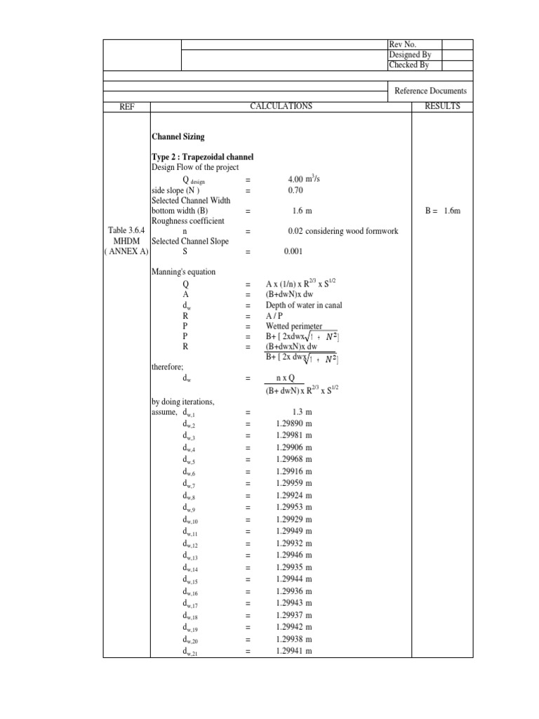 Trapezoidal Channel Design Calculations | PDF | Deposition (Geology ...