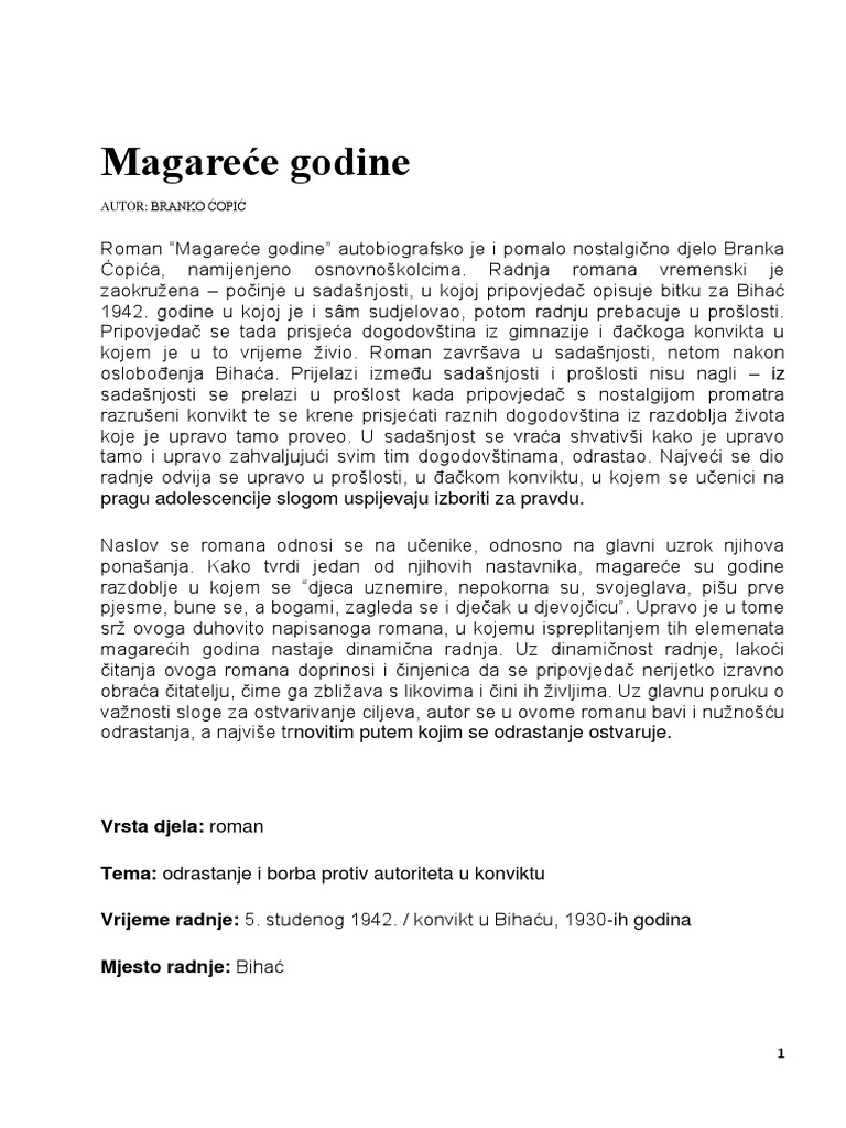 Branko Ćopić Magareće Godine Lektira | PDF