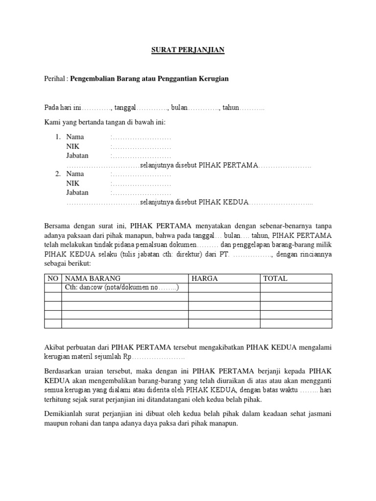 Surat Perjanjian Ganti Rugi | PDF