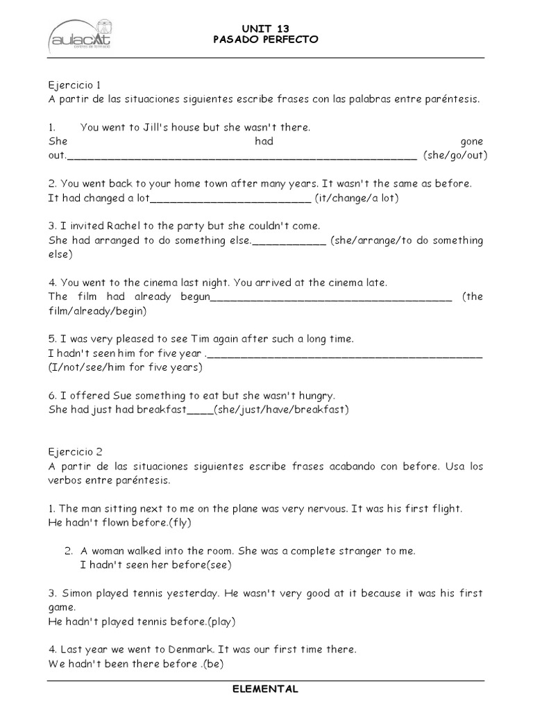 A Comprehensive Exercise on the Spanish Past Perfect Tense (Pasado ...