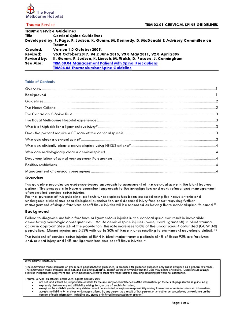 TRM03.01 Cervical Spine Guideline V5.0 - 12.17 | PDF | Spinal Cord ...
