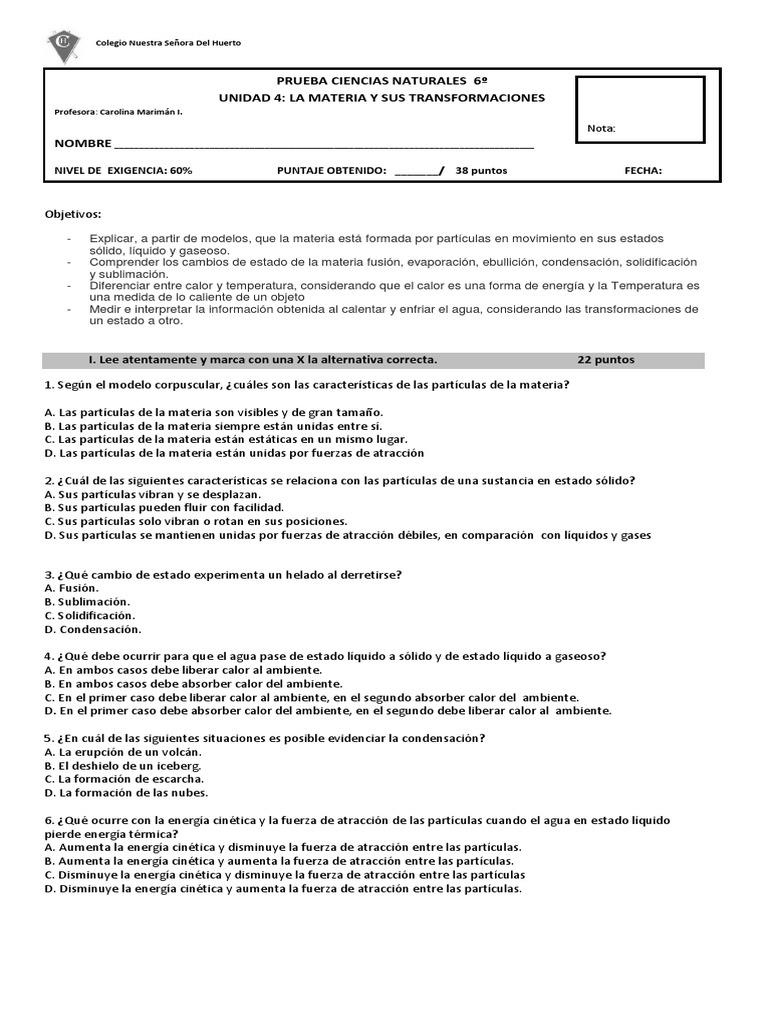 Prueba Unidad 4 Lenguaje 6º | PDF | Calor | Líquidos