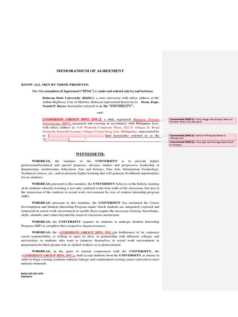 Memorandum of Agreement: (Anderson Group Bpo, Inc.) | PDF | Property ...
