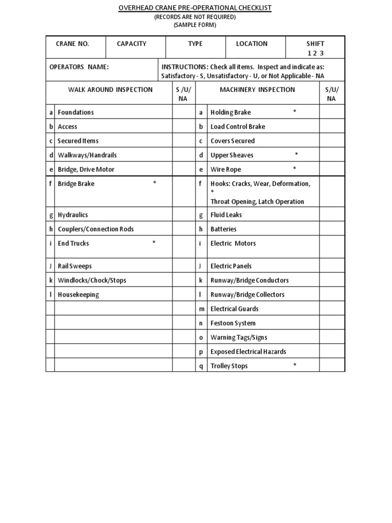 820_5_X_Sample Inspection Checklists.pdf | Brake | Crane (Machine)