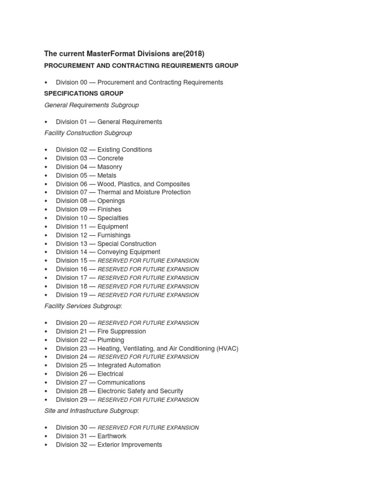 The Current MasterFormat Divisions | PDF | Building Technology ...