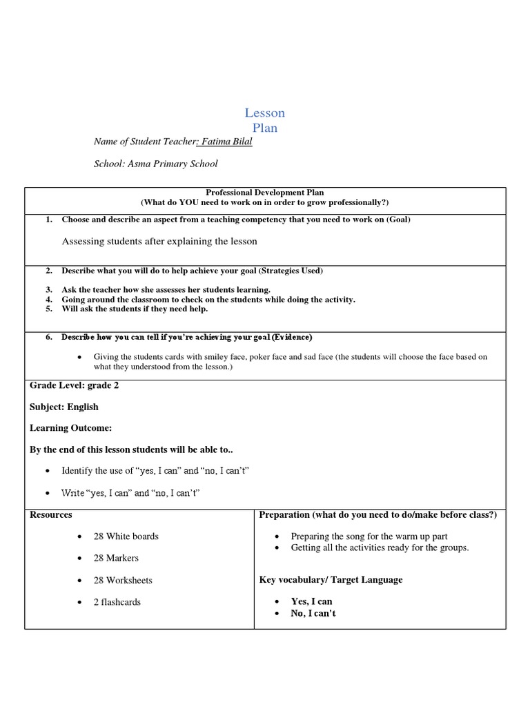 lesson plan- yes i can no i cant | Lesson Plan | Classroom