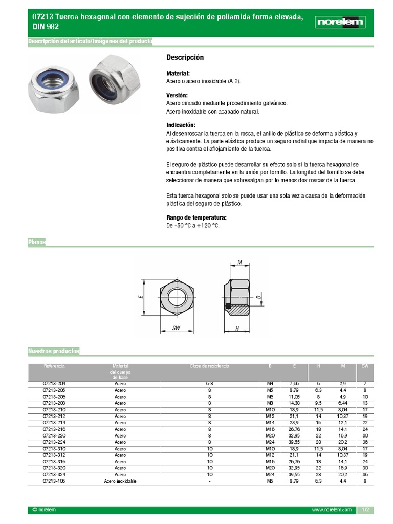 Tuercas Autoblocantes DIN 982 | PDF | Tornillo | Acero