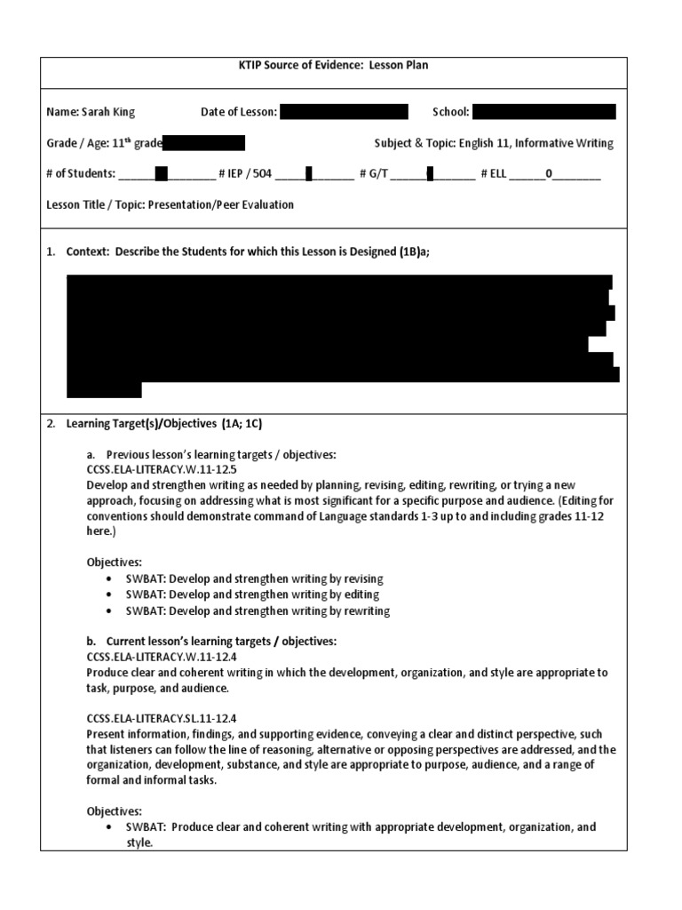 KTIP Source of Evidence: Lesson Plan: TH TH | PDF | Rubric (Academic ...