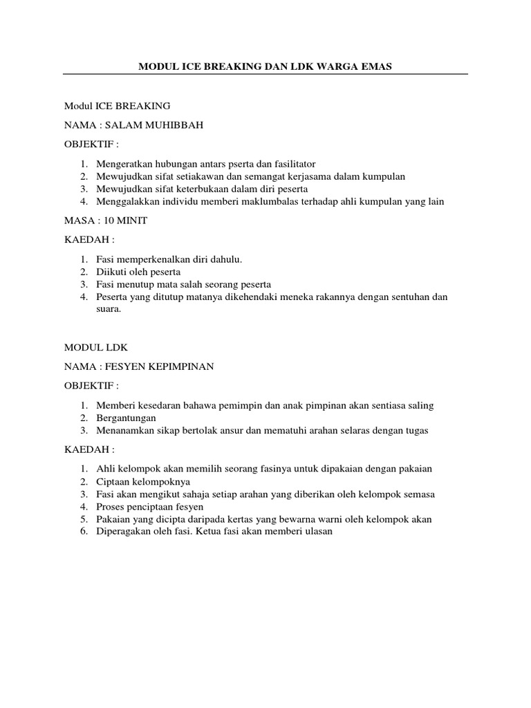 Modul Ice Breaking & LDK Warga Emas | PDF | Karier & Perkembangan
