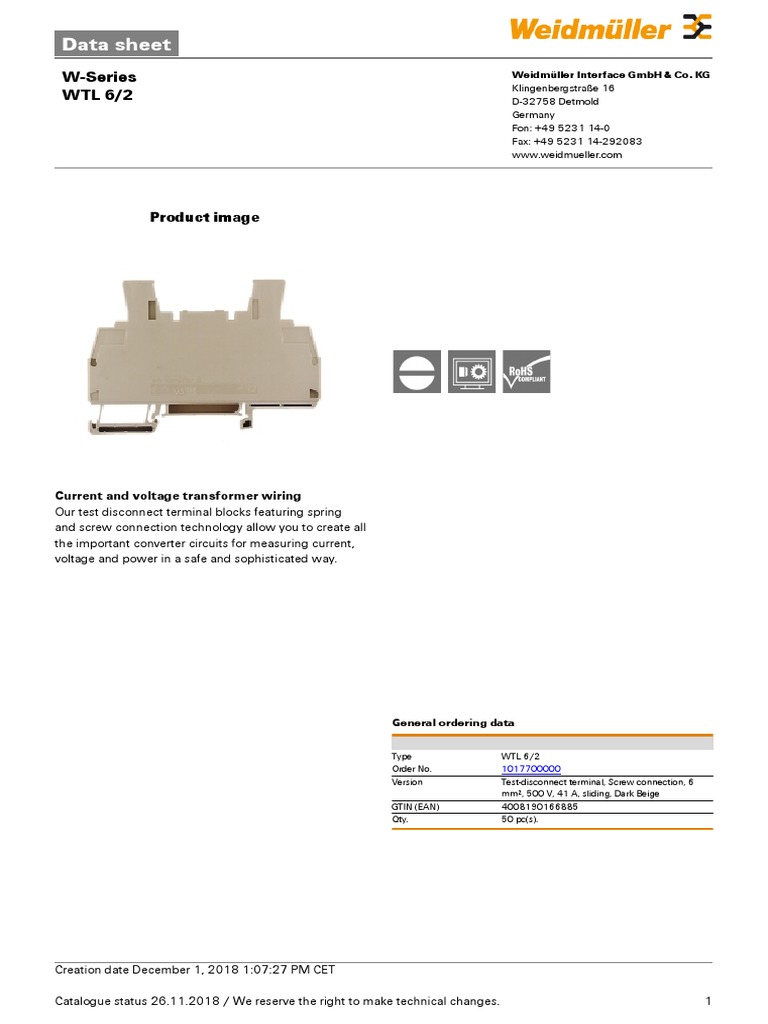 Data Sheet: W-Series WTL 6/2 | PDF | Electrical Wiring | Wire