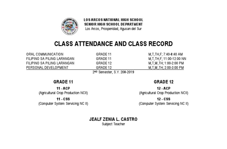 Cover Page Attendance Sheet Class Record 2nd Sem 18-19 | PDF