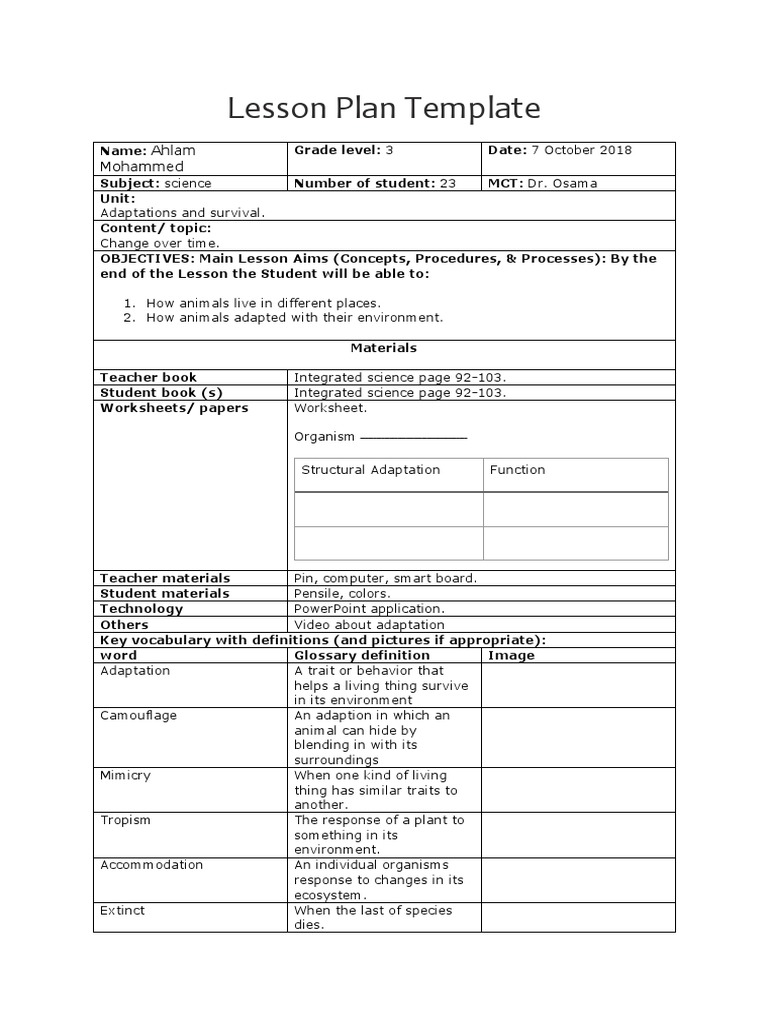 Adaptations and Survival Lesson Plan | PDF | Adaptation | Vocabulary