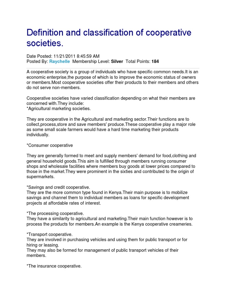 Types and Definition of Cooperative Societies | PDF | Cooperative | Retail