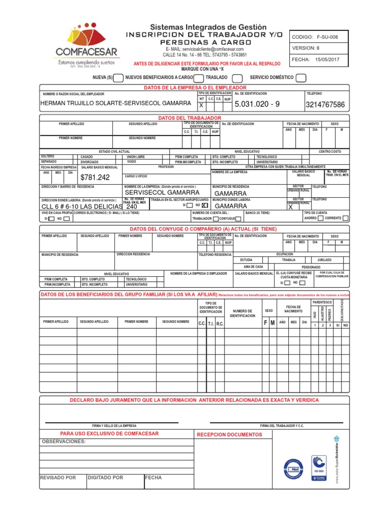 Formulario de Afiliacion Comfacesar | PDF | Tecnología de información y comunicaciones | Salario