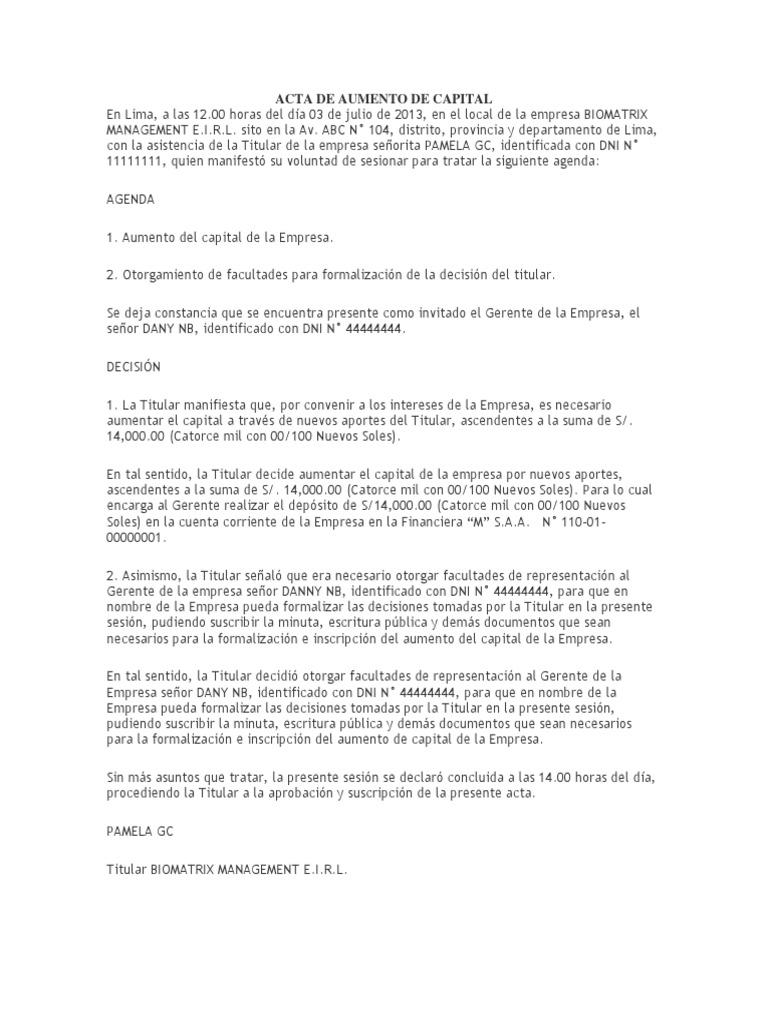 Acta de Aumento de Capital Eirl | PDF