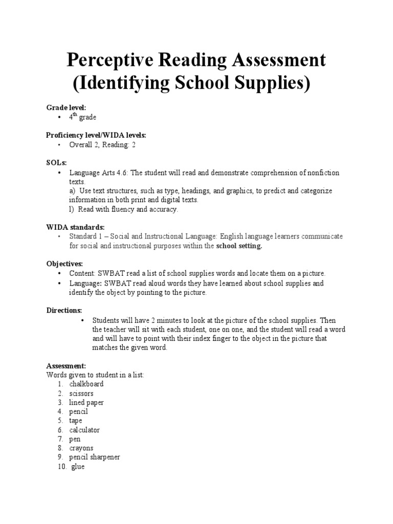 Perceptive Reading Assessment | PDF