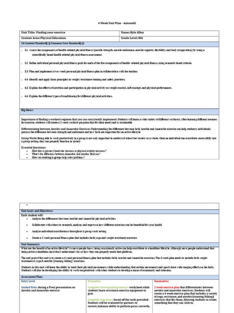 4 Week Unit Plan - Antonelli | PDF | Physical Fitness | Aerobic Exercise
