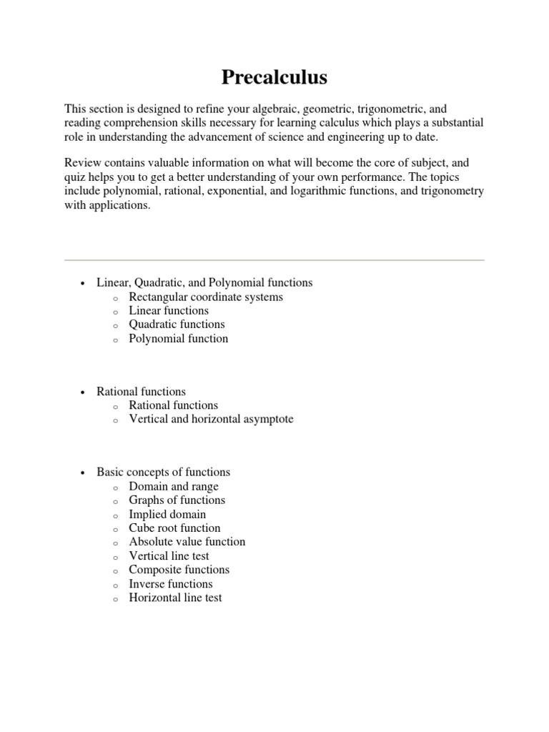 Pre Calculus Topics | PDF