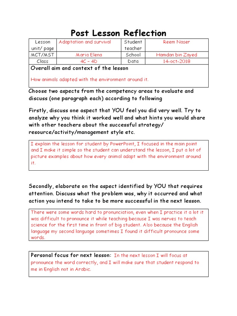 Adaptation Post Lesson Reflection | PDF