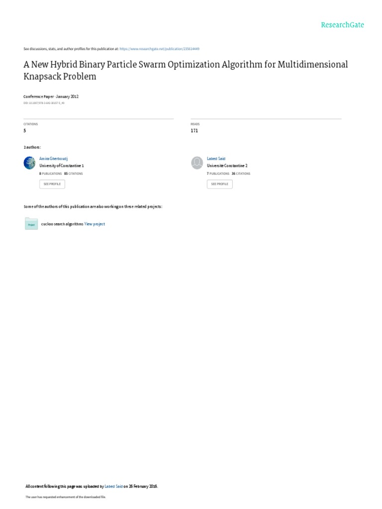 A New Hybrid Binary Particle Swarm Optimization Algorithm For Multidimensional Knapsack Problem
