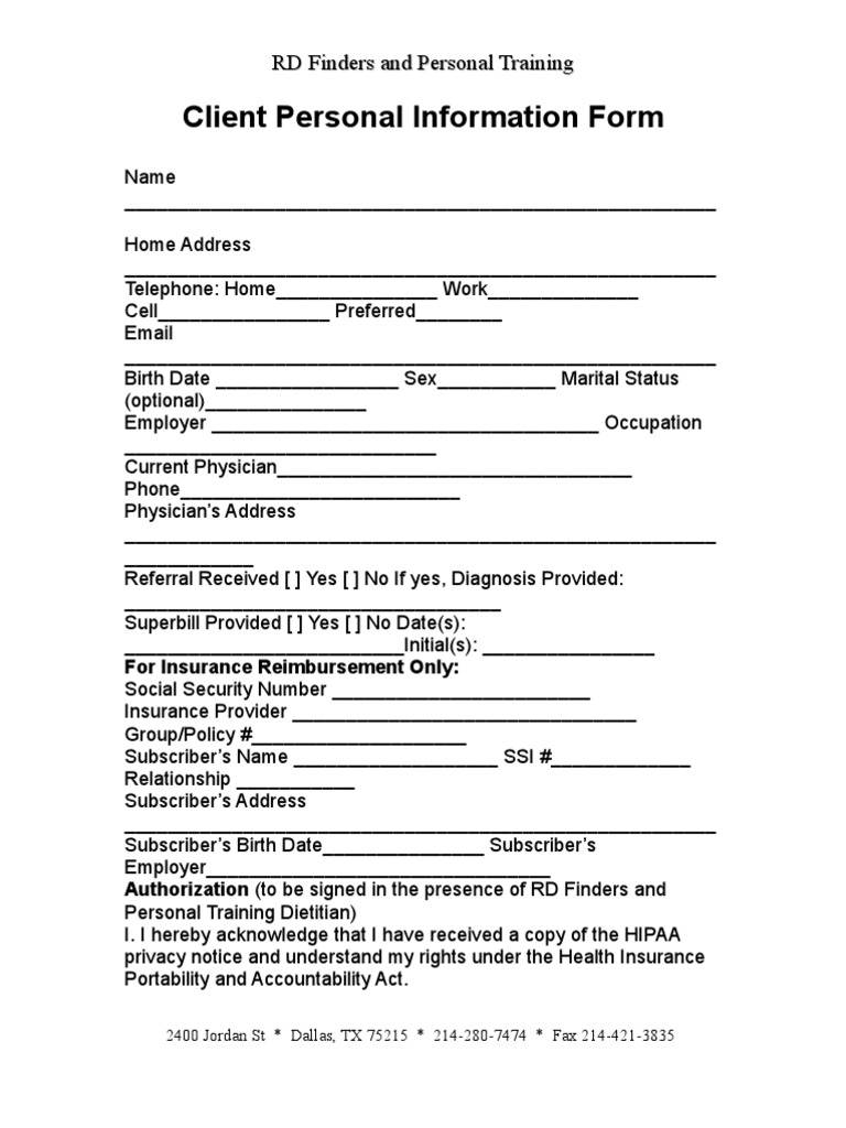 Client Personal Information Form | PDF | Health Insurance Portability ...