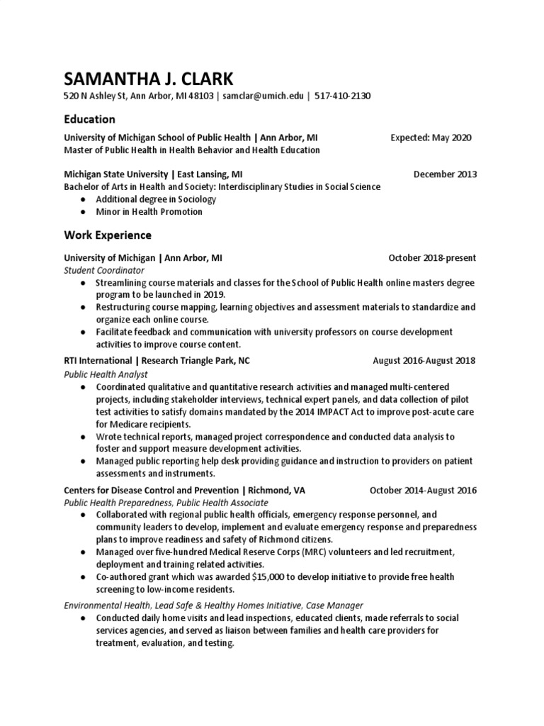 Clark Samantha J Resume 2018 | PDF | Public Health | Epidemiology