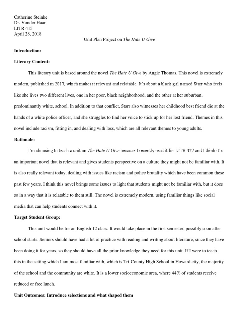 Unit Plan Project On The Hate U Give | PDF | Educational Assessment ...