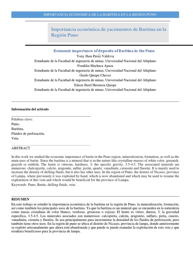 Importancia Económica de la Baritina en Puno | PDF | Minerales ...