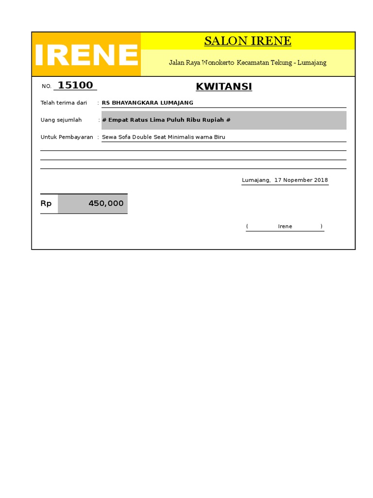 Contoh Kwitansi Pembayaran Irene Salon | PDF