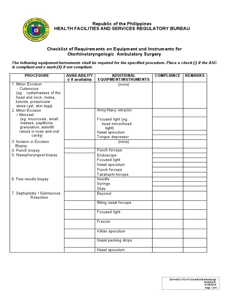 DOH ASC LTO at Checklist Otorhinolaryngologic 1262015rev1 | PDF ...