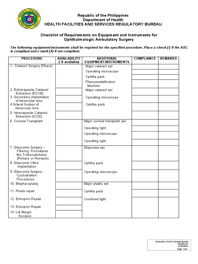 DOH ASC LTO at Checklist Otorhinolaryngologic 1262015rev1 | PDF ...