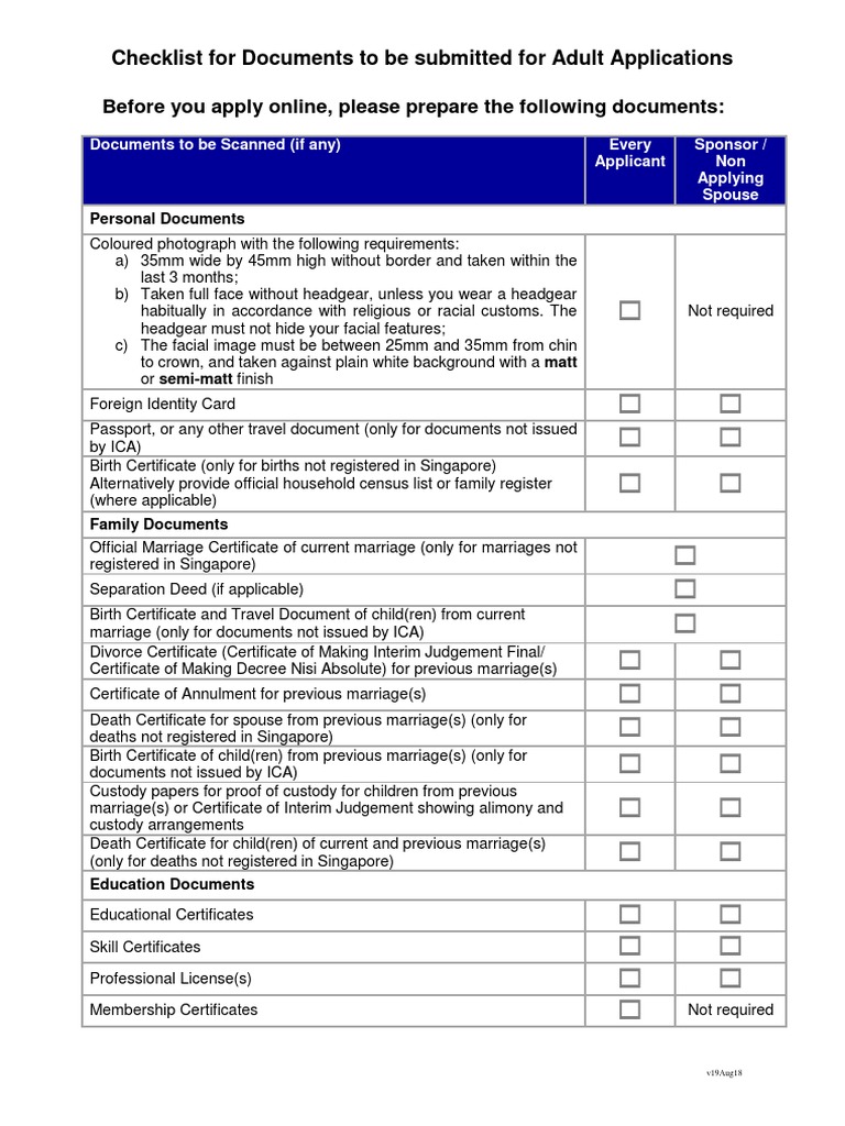 Checklist For Documents To Be Submitted For Adult Applications Before ...