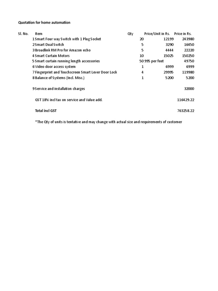 Quotation For Home Automation Format | PDF