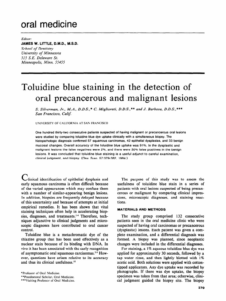 Toluidine Blue Staining in The Detection of Oral Precancerous and ...