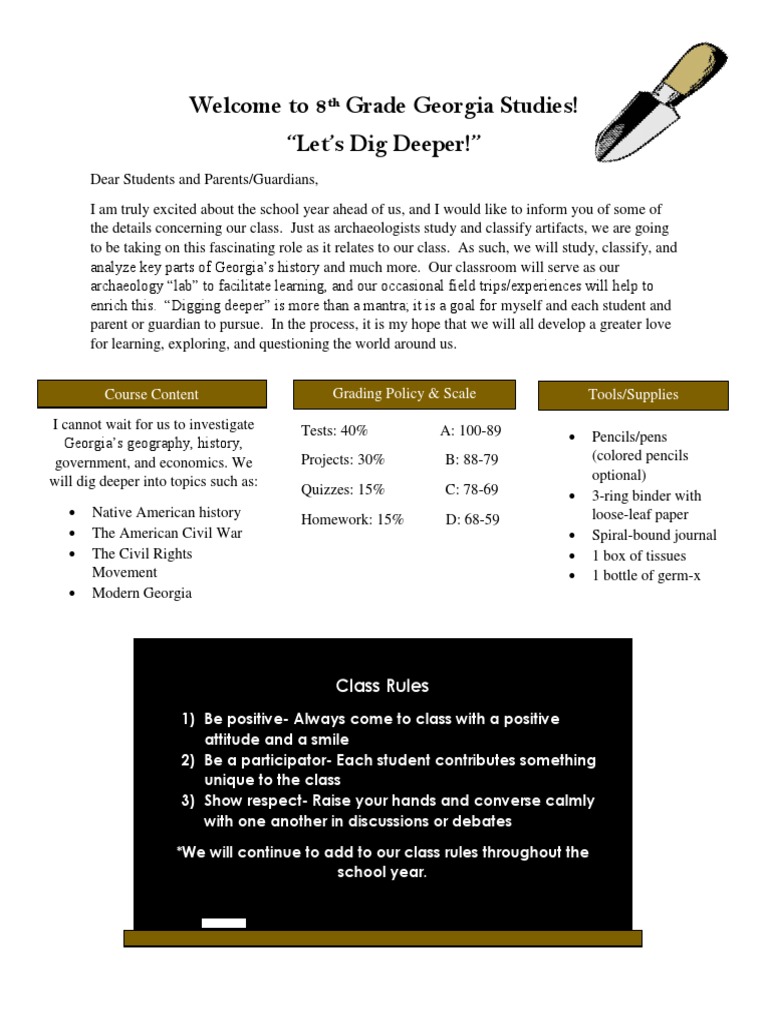 Welcome To 8 Grade Georgia Studies! "Let's Dig Deeper!": Course Content Tools/Supplies Grading ...