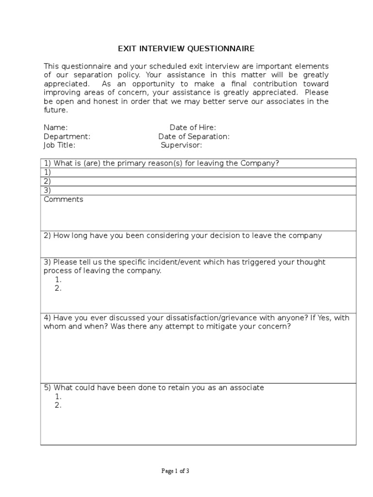 Exit Interview Questionnaire | PDF | Employment | Behavioural Sciences