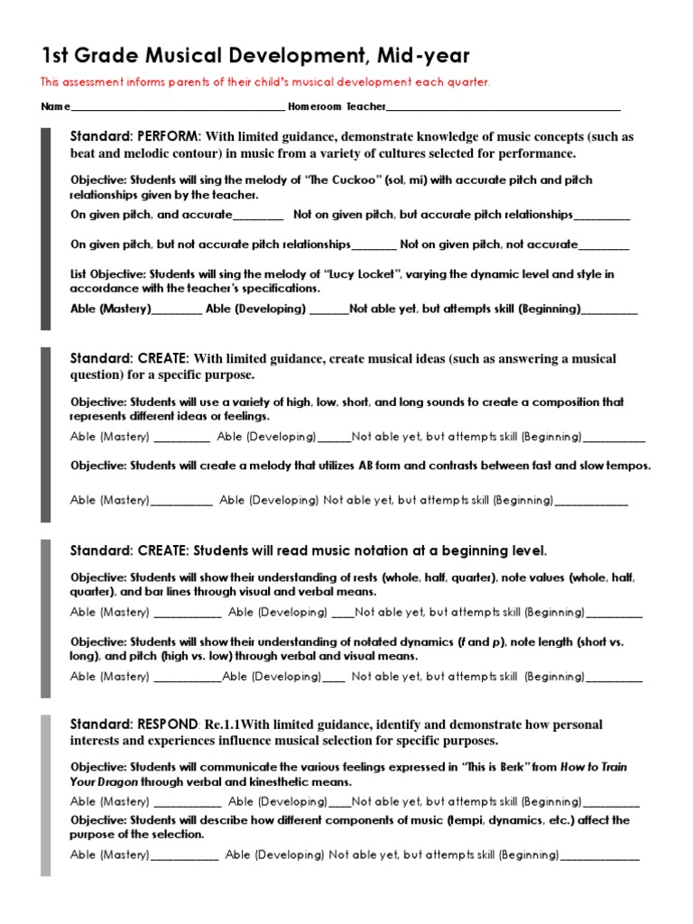 1st Grade Mid-Year Music Assessment | PDF | Learning | Communication