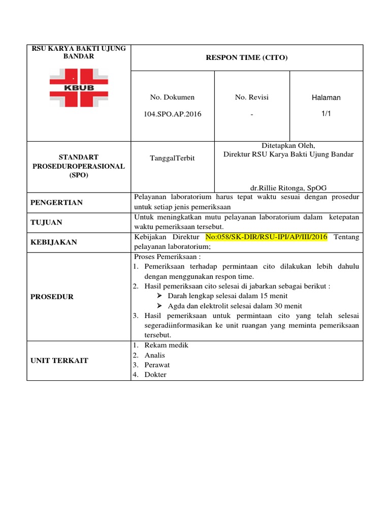 Spo Respon Time (Pemeriksaan Cito) | PDF