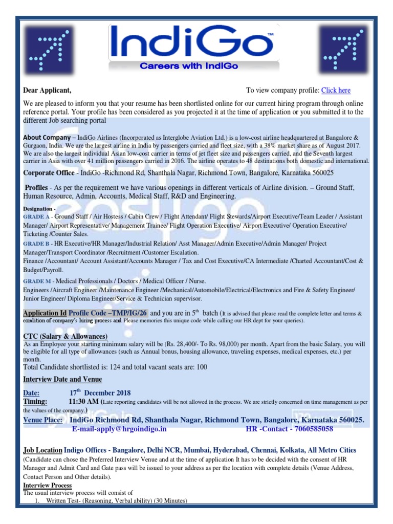 Indigo Interview Details PDF | PDF | Flight Attendant | Airlines