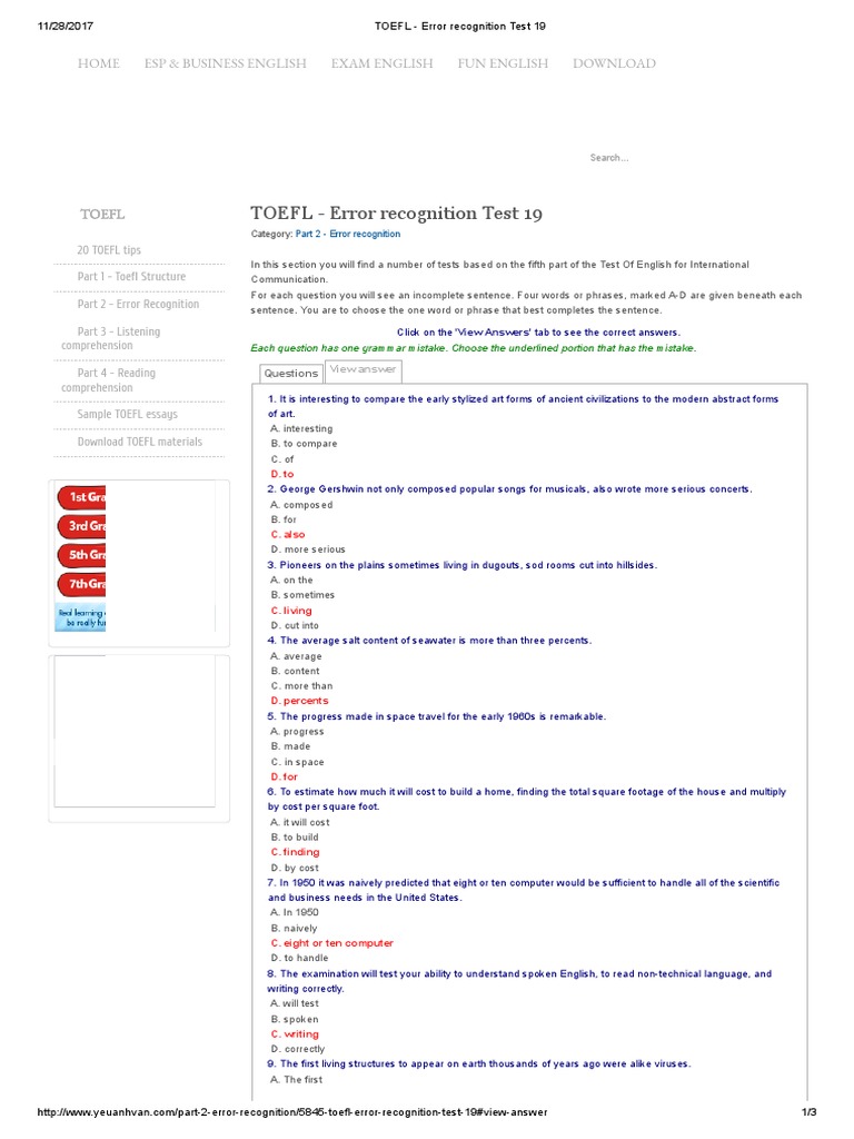 TOEFL Error Recognition Test 19 PDF Test Of English As A Foreign