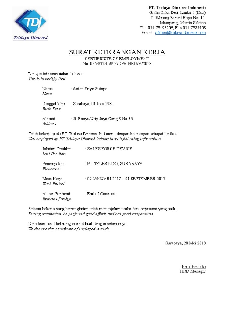 Surat Keterangan Kerja | PDF