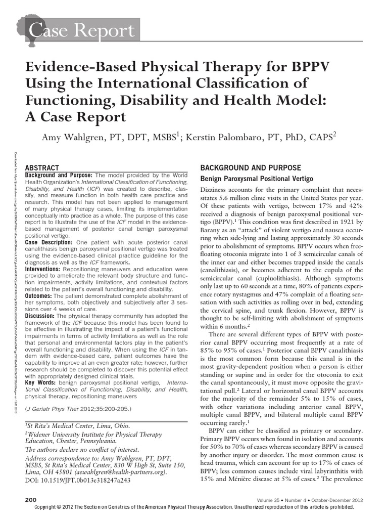 Evidence Based Physical Therapy For BPPV Using The.6 | PDF | Vertigo ...