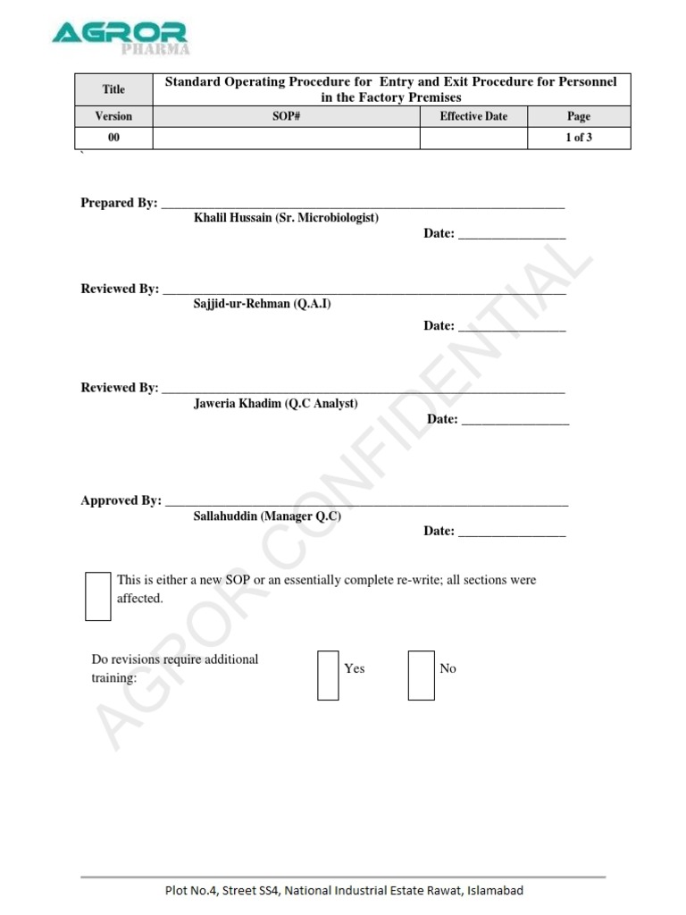 SOP For Entry and Exit Procedure For Personnel in The Factory Premises | PDF | Government ...