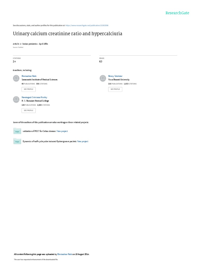 Urinary Calcium Creatinine Ratio and Hypercalciuria: Indian Pediatrics ...