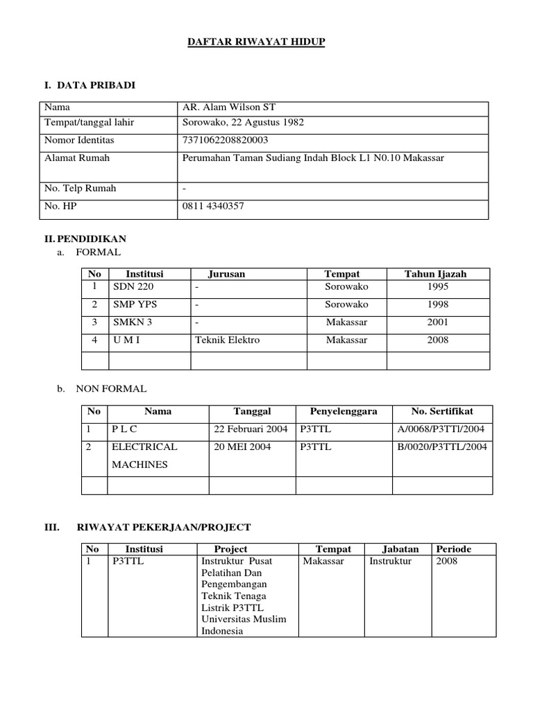 Daftar Riwayat Hidup Alam Wilson | PDF