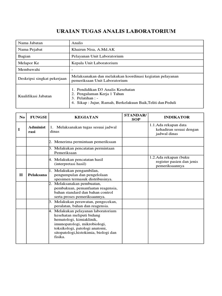 Uraian Tugas Analis Laboratorium Print | PDF