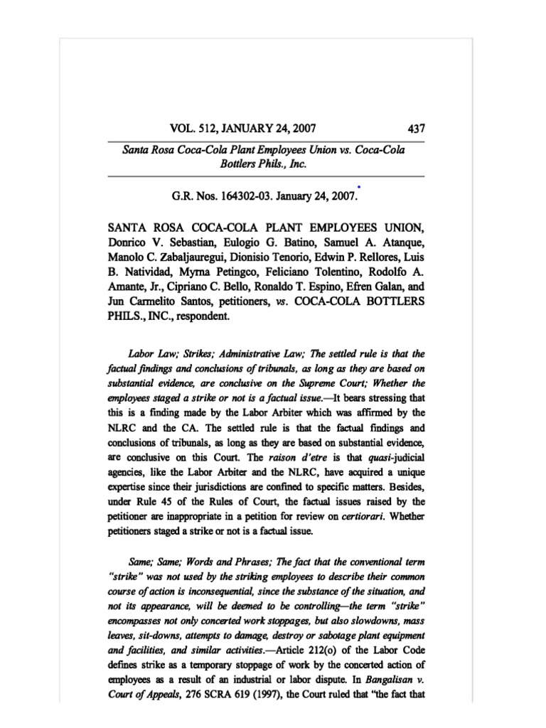 Santa Rosa Coca-Cola Plant Employees Union v. Coca-Cola Bottlers Phils ...