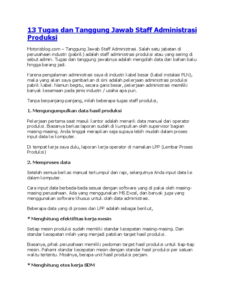 13 Tugas Dan Tanggung Jawab Staff Administrasi Produksi | PDF 13 Tugas Dan Tanggung Jawab Staff Administrasi Produksi | PDF