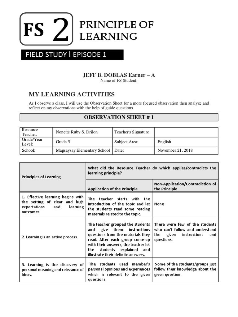 Fs2 Principles of Learning | PDF | Teachers | Learning
